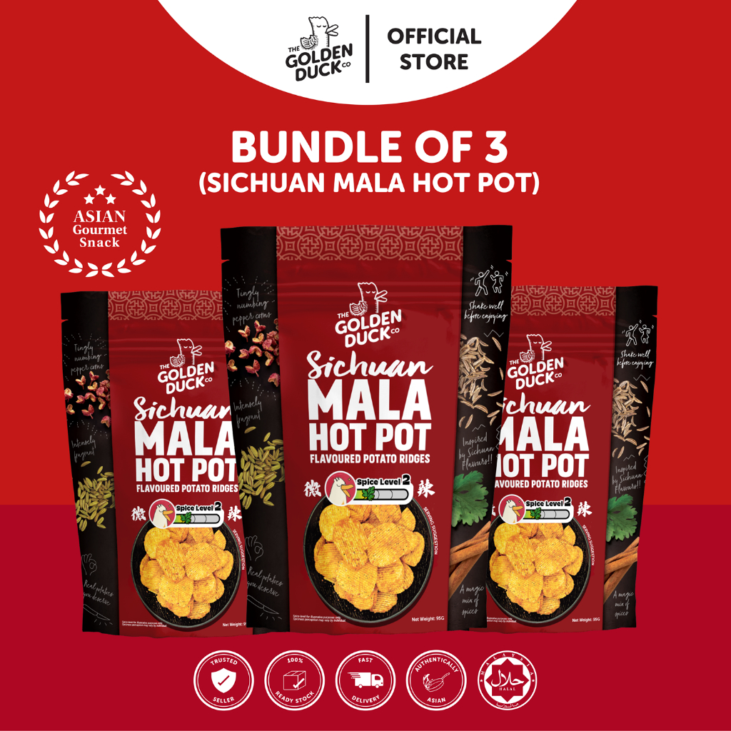 (3 Packs) The Golden Duck Sichuan Mala Hot Pot Flavoured Potato Ridges ...