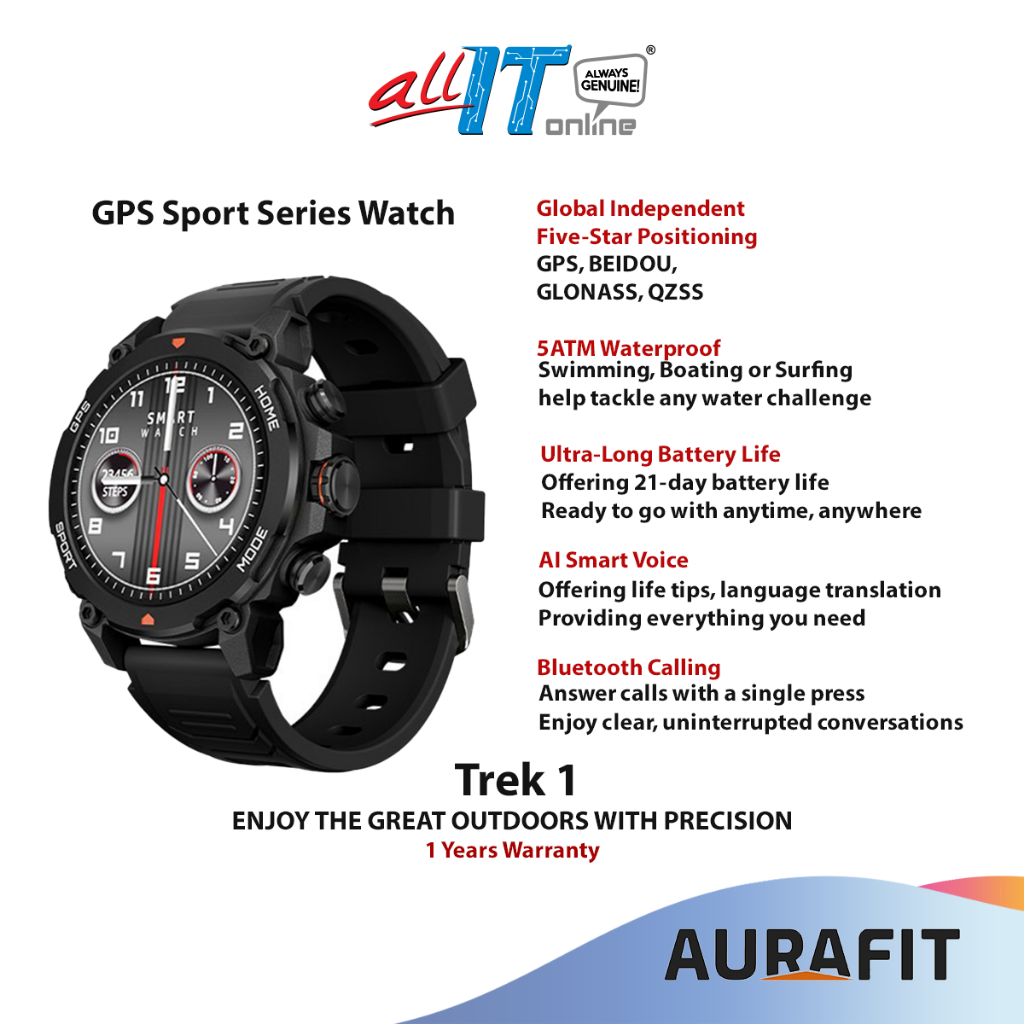 Aurafit Trek 1 GPS Sport Watch – Comapass, Altitude, Barometer, 150 ...