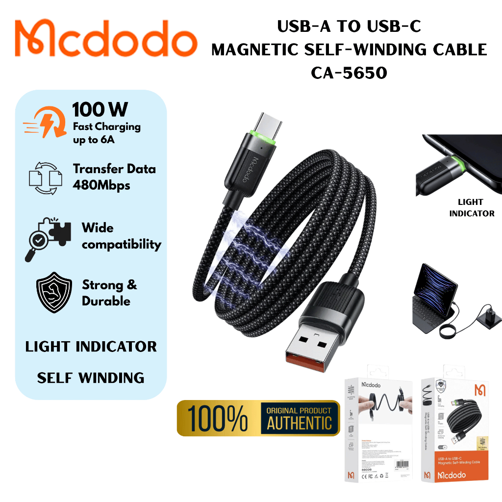 Magnetic Self-Winding Type-C Braided Cable (磁吸收納 LED 捲捲) 👉Magnetic🧲 ...