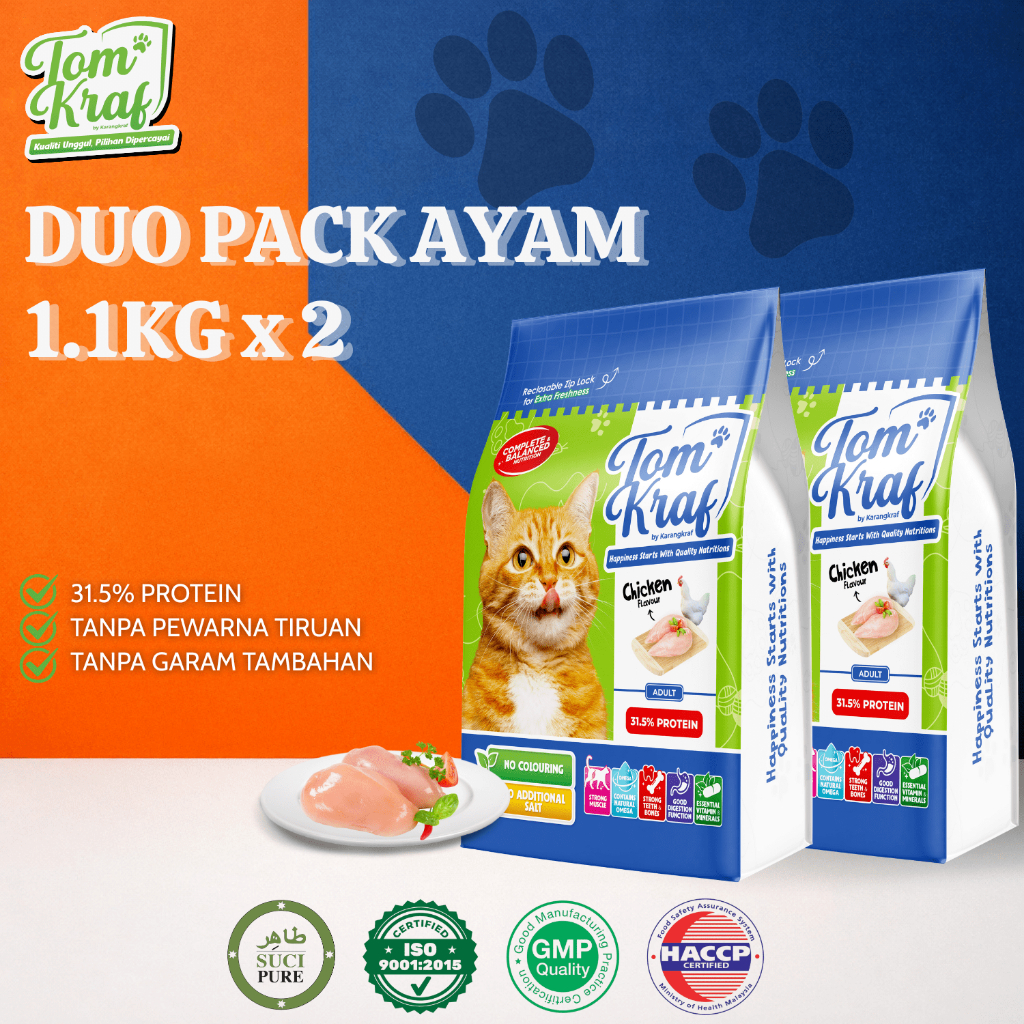 TOMKRAF - Makanan Kucing Kering Perisa Ayam 1.1kg [DUO PACK] - 31.5% ...