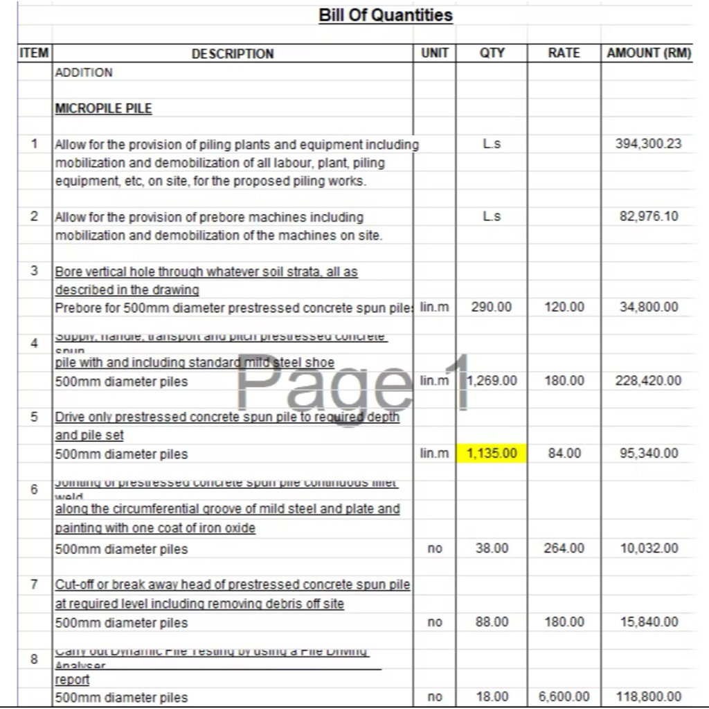 Piling Foundation Bill of Quantities Editable Excel Document File ...