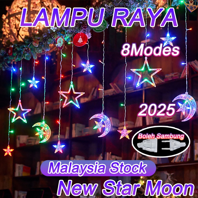 👍Lampu raya 4M LED star&Moon lights 8modes 144LED lights LED Fairy ...