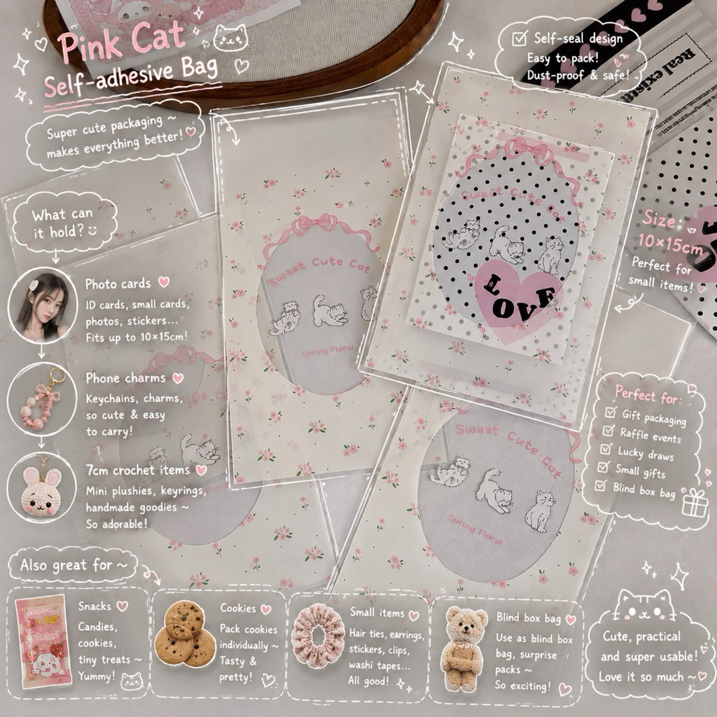 Ready Stock 现货- (10PCS) Girly Pink Kitten Self-Adhesive Bag, High-End ...