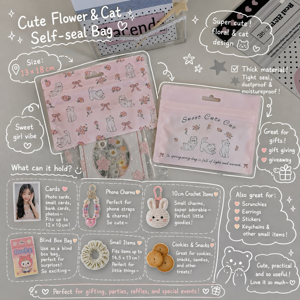 Ready Stock 现货- (10PCS) Cute Bow and kitten self-sealing bag, girly ...
