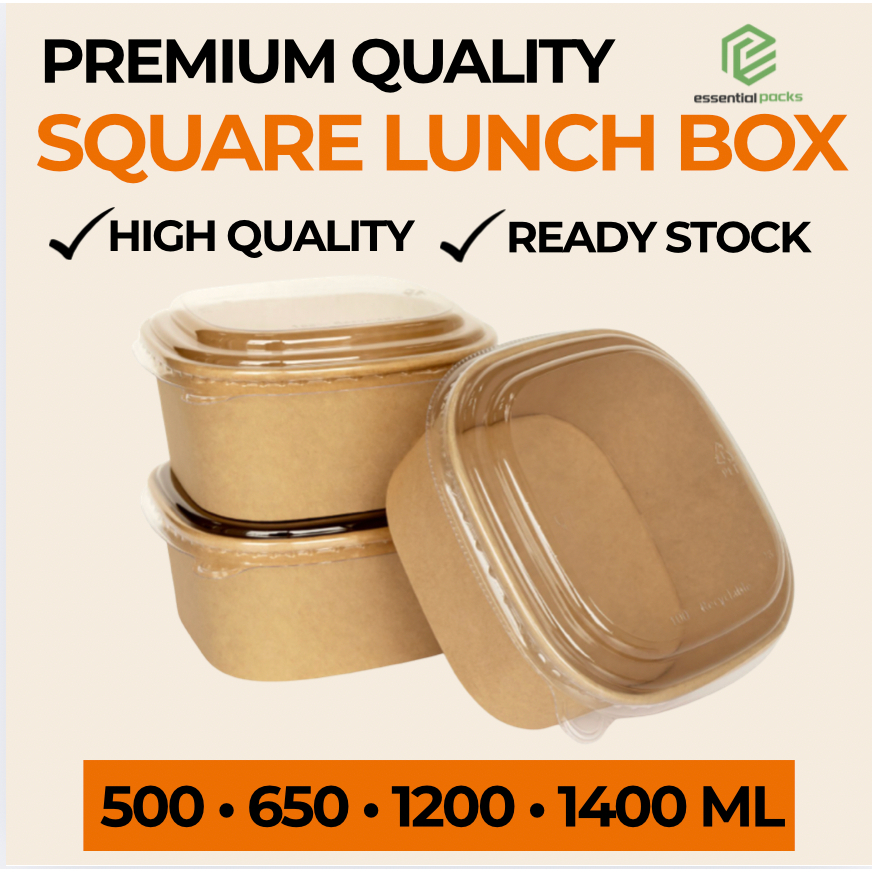 [PREMIUM] Paper Square Lunch Box with PP Plastic Clear Lid 500/650/1200 ...