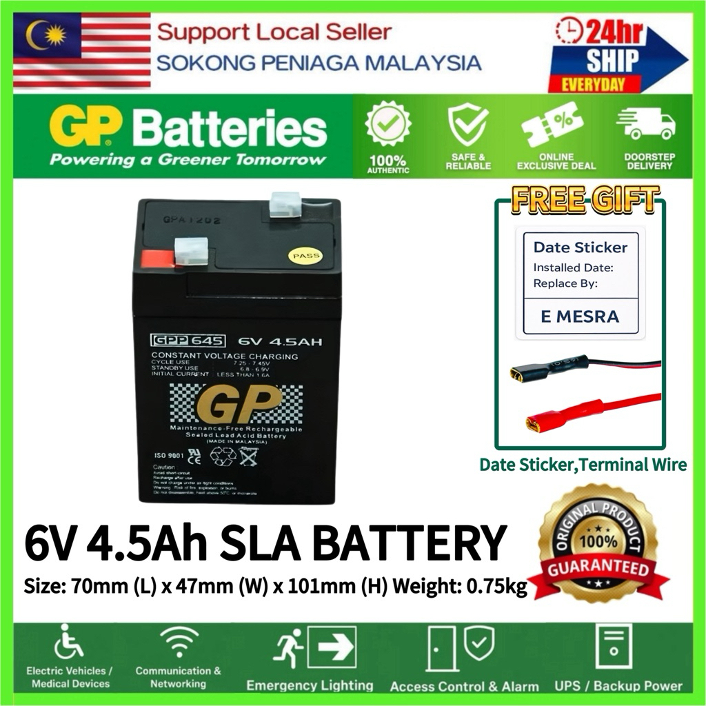 ORIGINAL GP 6V 4.5Ah Rechargeable Sealed Lead Acid Battery - GPP645 GP ...