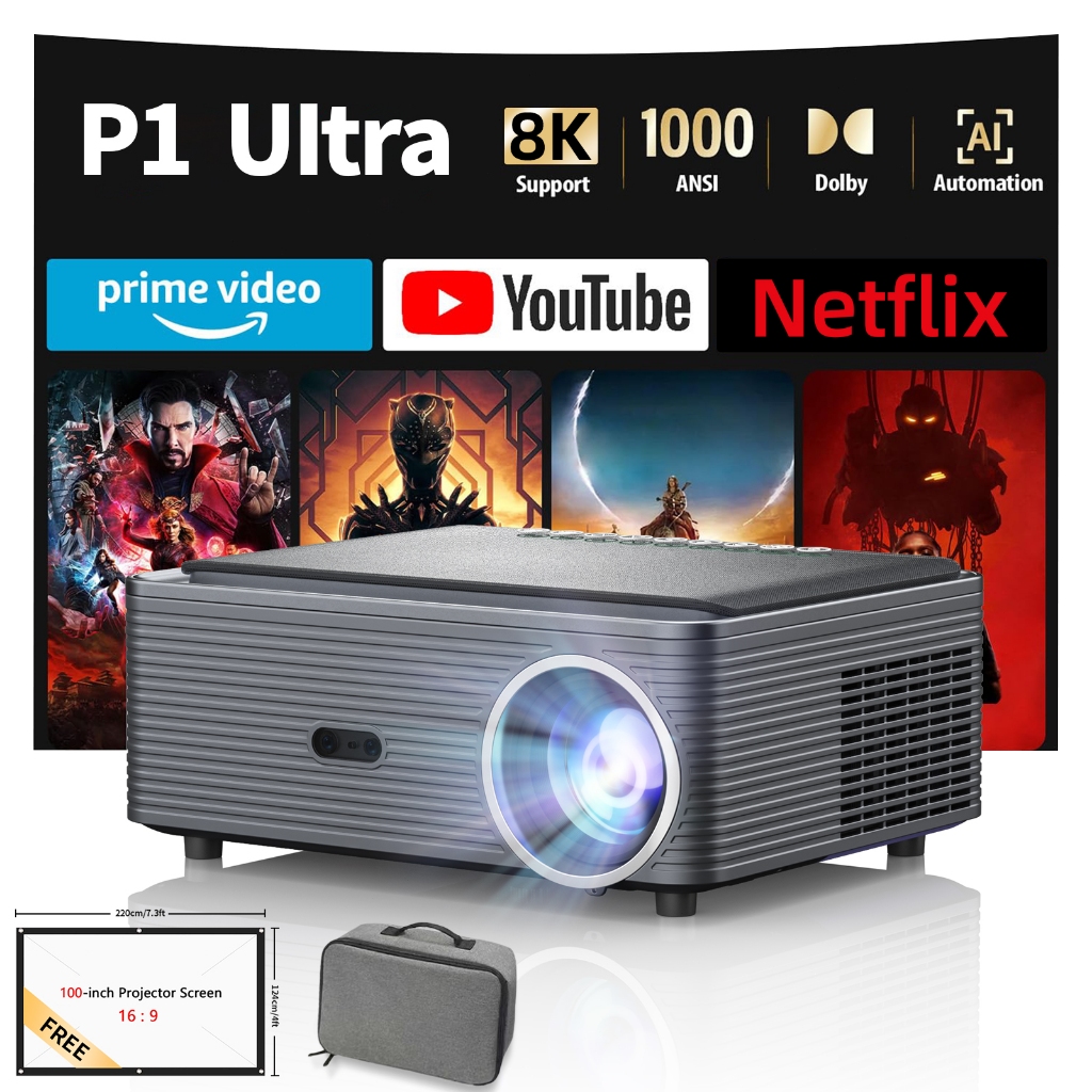 Portable 8K Projector FINTEXPro P1 Ultra1000 ANSI Auto-Focus Smart Daytime Viewing High 20000 ...
