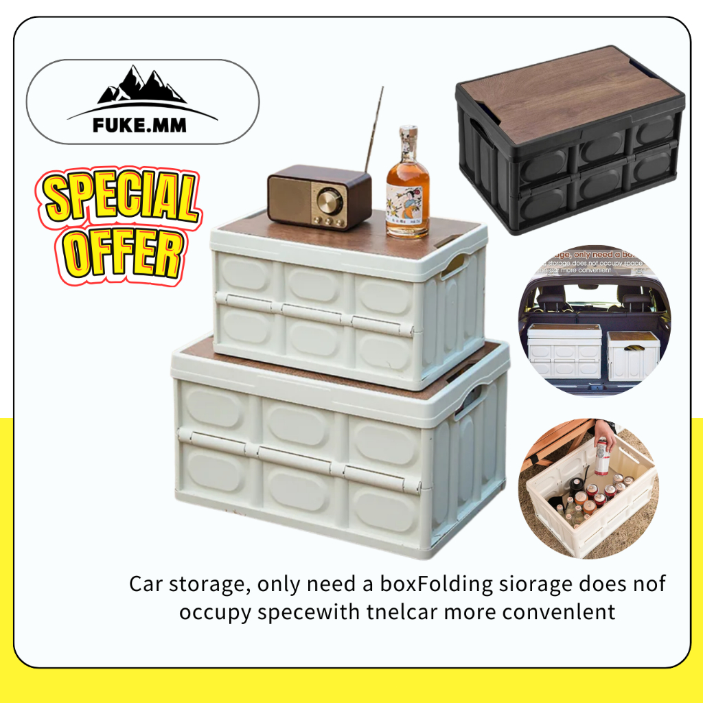 Collapsible outdoor storage box with wooden board, foldable outdoor ...