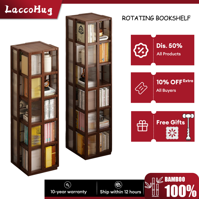 LaccoHug Bamboo Rotating Bookshelf Rak Buku Bamboo Bookcase Student ...