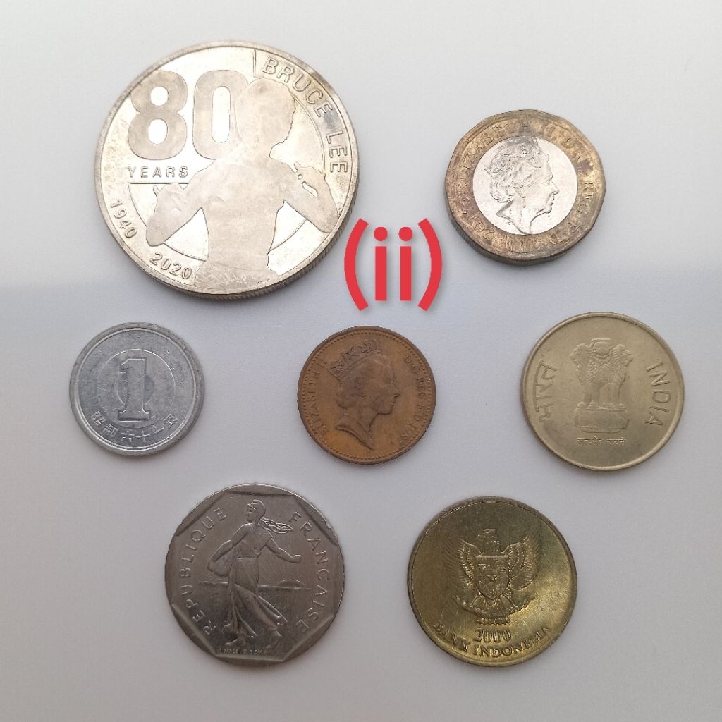 1Set7pcs Foreign Mix Coins Bruce Lee, Japan, UK Britain, Indonesia ...