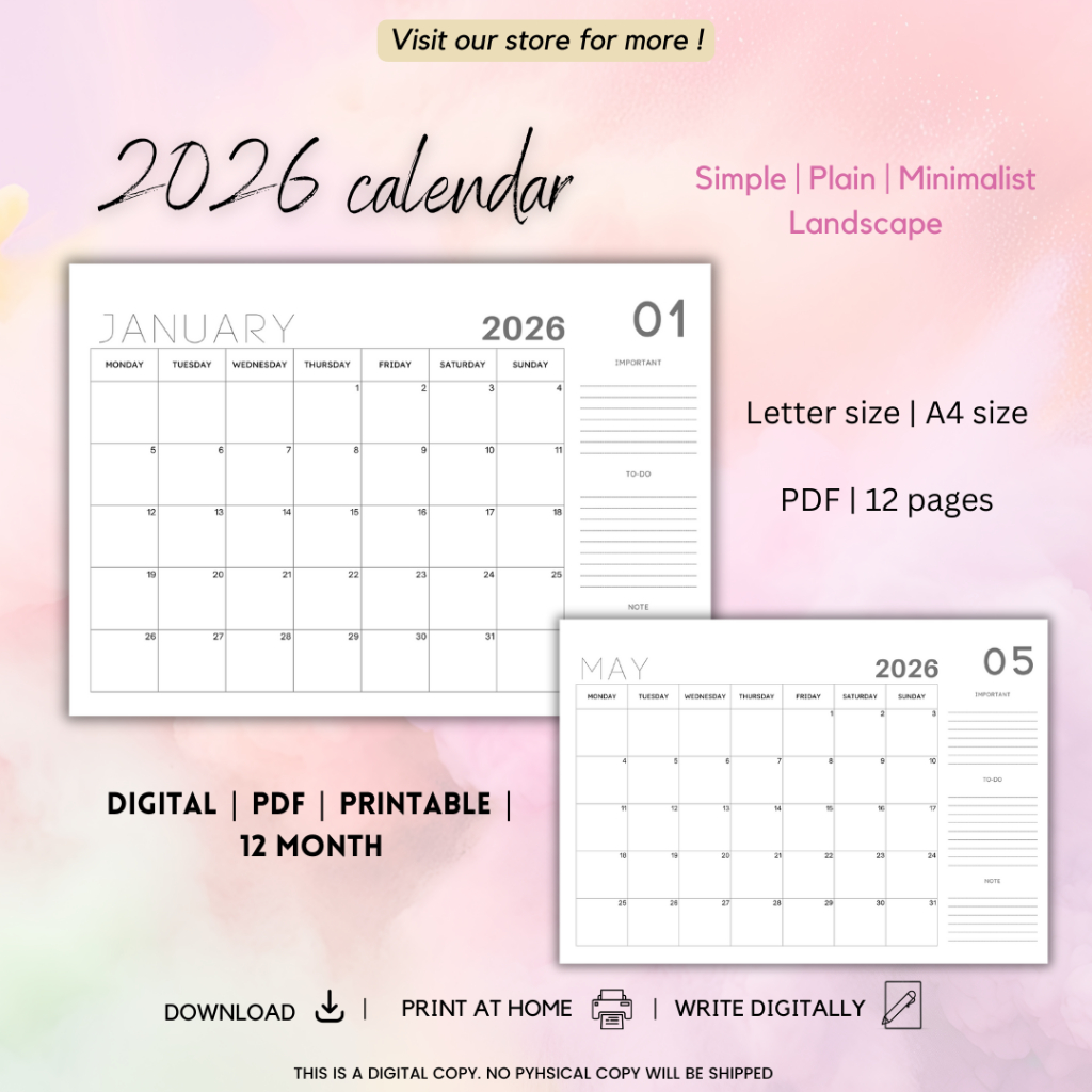 2026 CALENDAR | PLAIN MINIMALIST HORIZONTAL | PDF | DIGITAL PRINTABLE ...