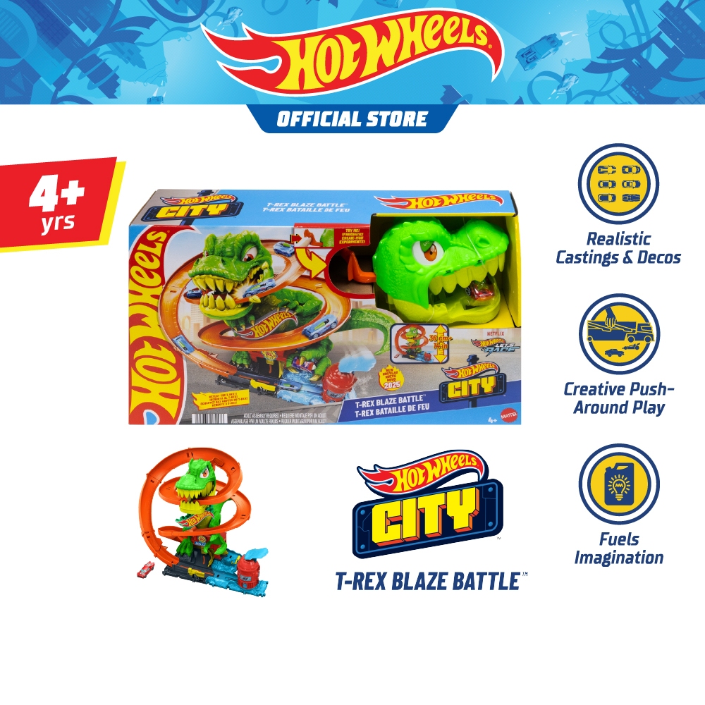 Hot Wheels City T-Rex Blaze Battle Playset & 1:64 Scale Die-Cast Car ...