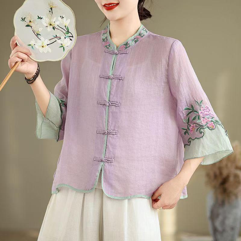 Multi-Color Zen Tea Ceremony Chinese Blouse - Embroidery Mandarin ...