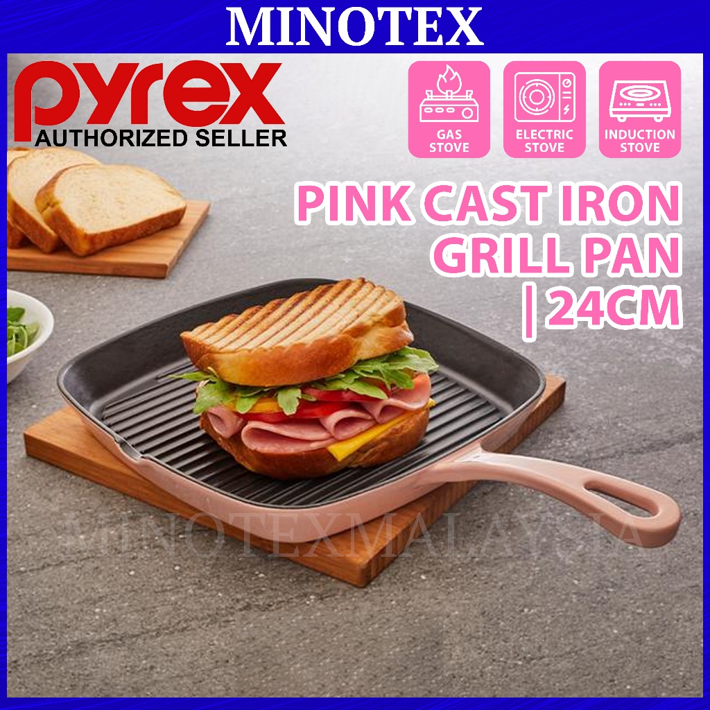 Pyrex 24cm Cast Iron Grill Pan – Pink | Induction Compatible, Superior ...