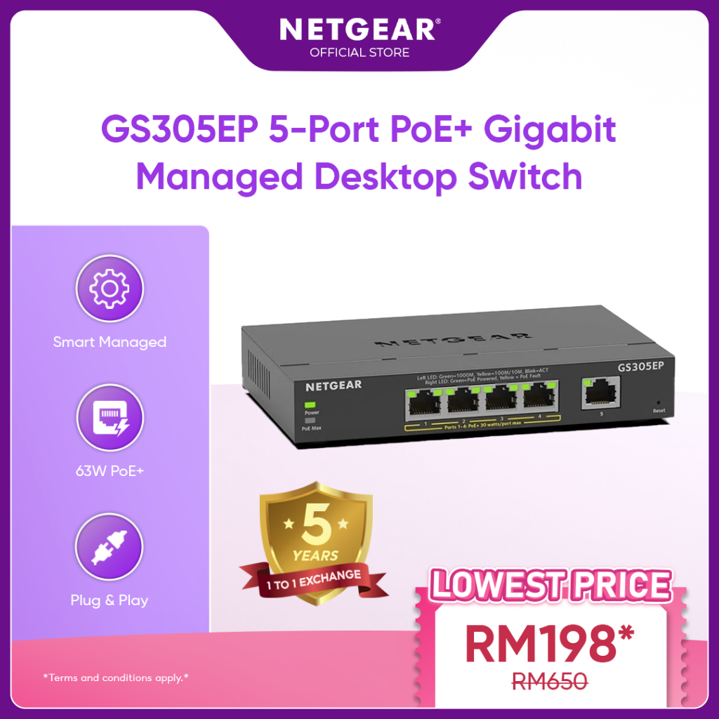 Netgear 5 Port Gigabit Ethernet Smart Managed Plus PoE Switch (GS305EP ...