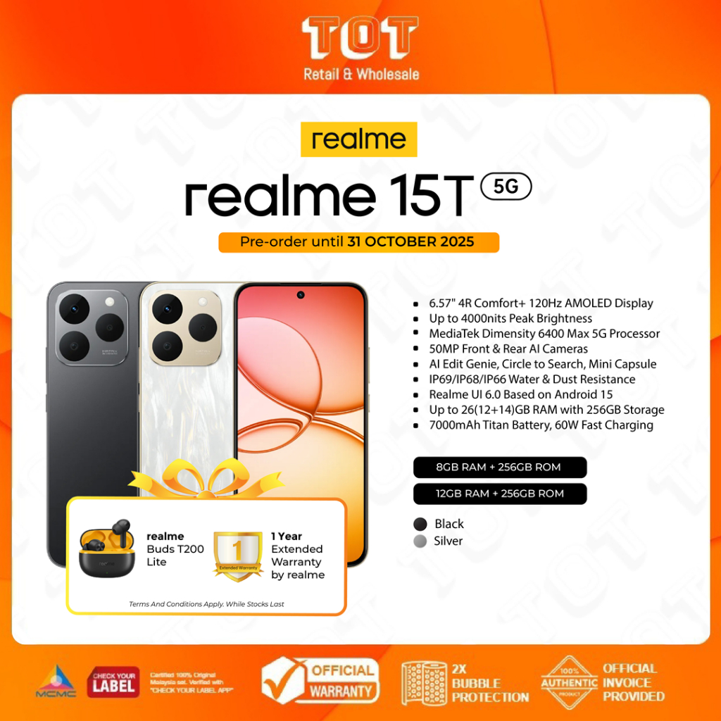 REALME 15T 5G (8/12 RAM + 256/512 ROM) 6.57" AMOLED Screen l Dimensity ...