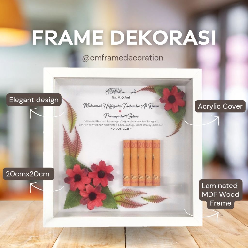 Frame Mas Kahwin 3D Bersaiz 20x20cm Hiasan Bunga Untuk Duit Hantaran ...