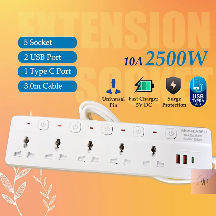 [CLEAR STOCK] Universal 3M Power Socket Extension With 2 USB 1Type C ...