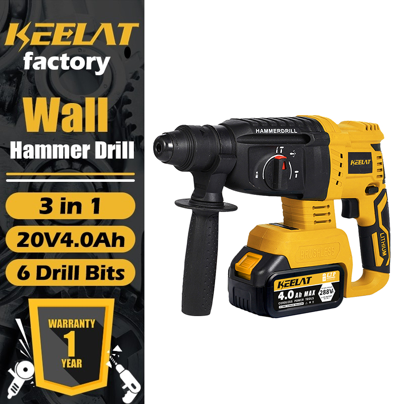 keelat Hammer Drill Rotary Hammer Power Impact Drill Battery With 3 ...