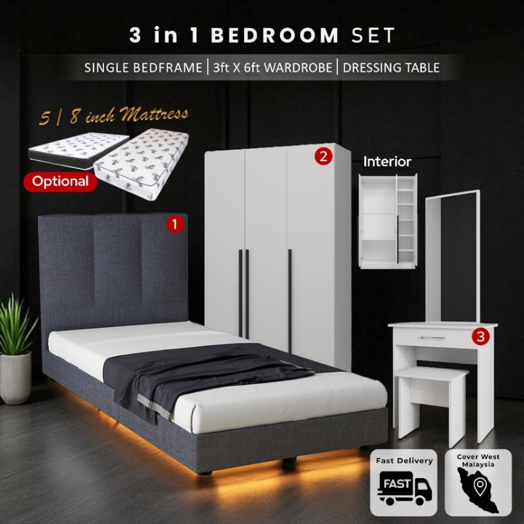 HOMURA Single Bedroom Set / Set Bilik Tidur/Almari Baju/Katil Single ...