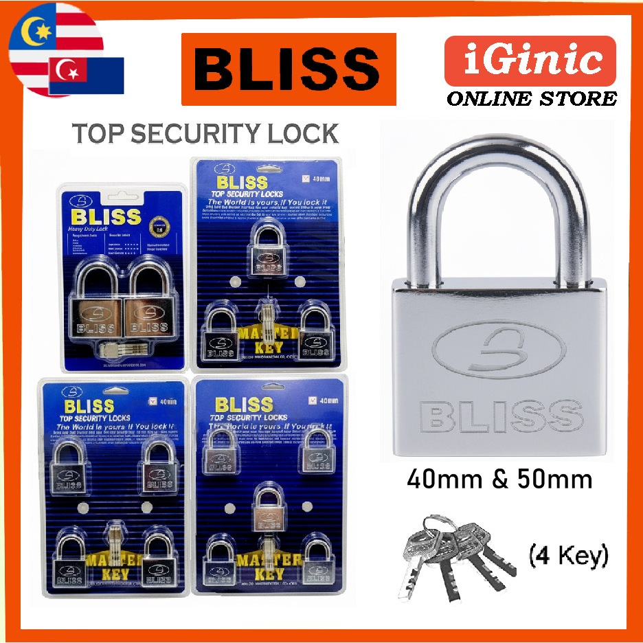BLISS Pad Lock 40mm 50mm (4 Keys) Top Security Safety Lock *1 Key for ...