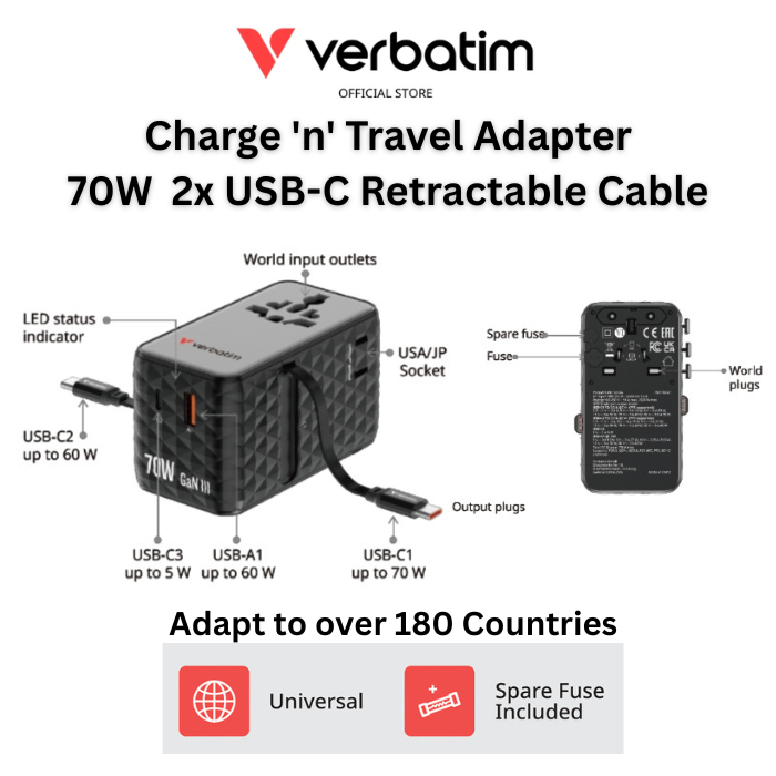 Verbatim Charge n Travel Adaptor GaN III 70W Built In Dual USB-C ...