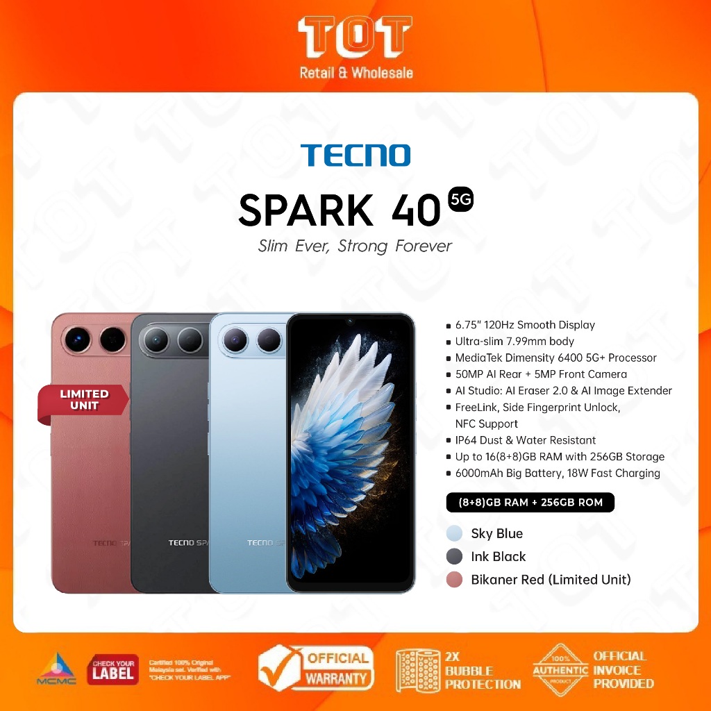 TECNO SPARK 40 5G I (8+8GB) Extended RAM+256GB ROM l MediaTek Dimensity ...