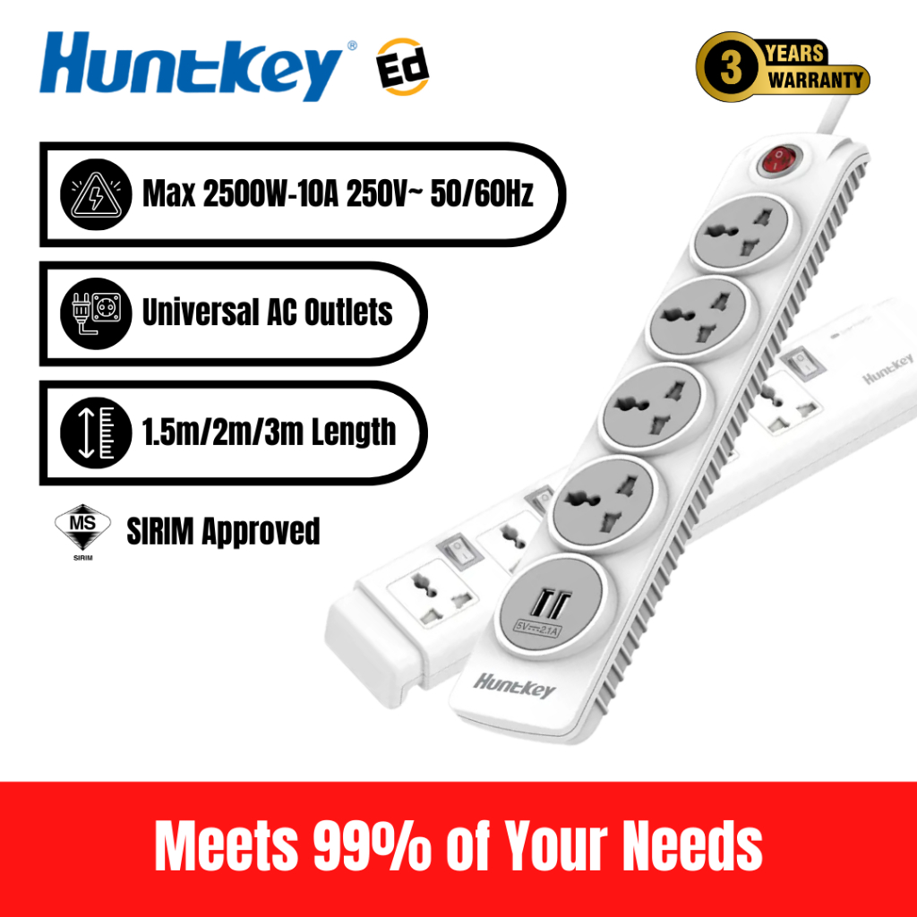 HUNTKEY Power Extension Power Strip Universal AC Sockets 1.5M/2M/3M/5M ...
