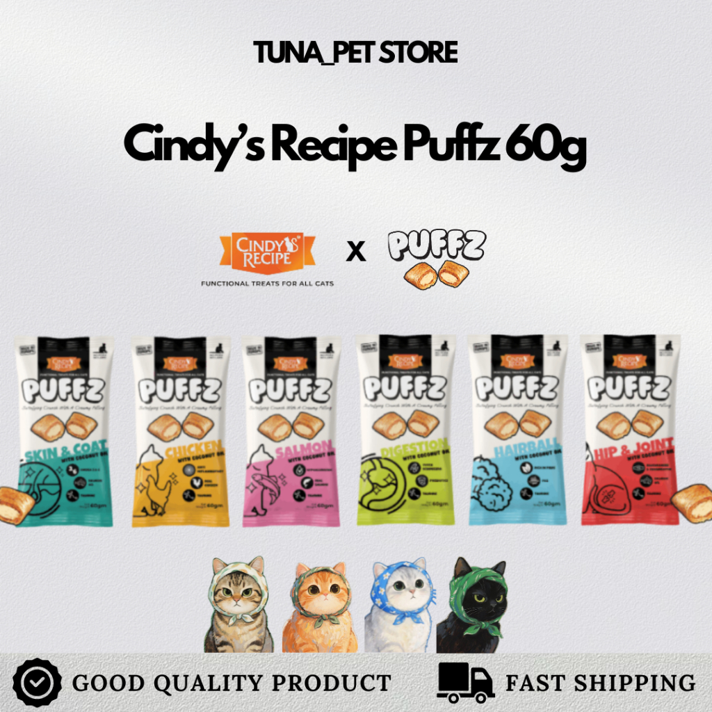CINDY'S RECIPE Puffz 60G_Cat Treats ( Chicken / Salmon / Hairball / Hip ...