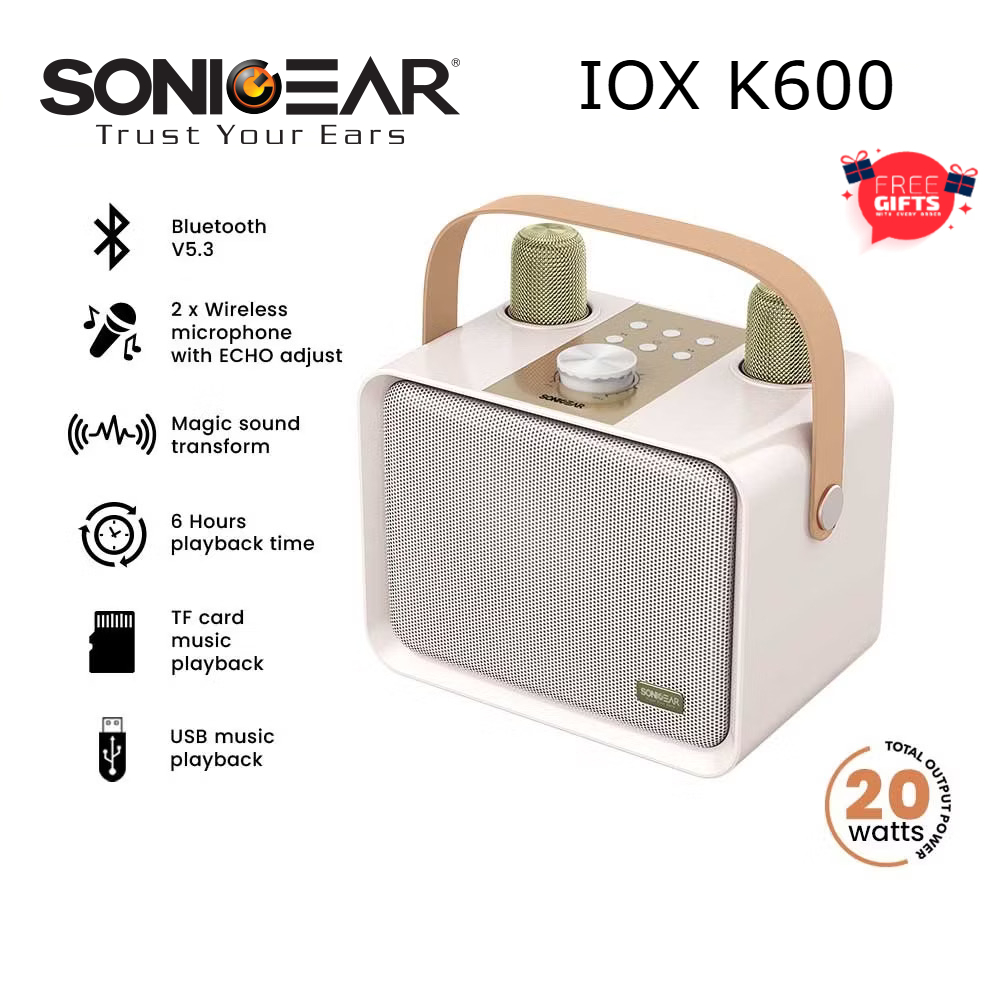 SonicGear IOX K600 Dual Wireless Mic Bluetooth 5.3 Karaoke Speaker with ...