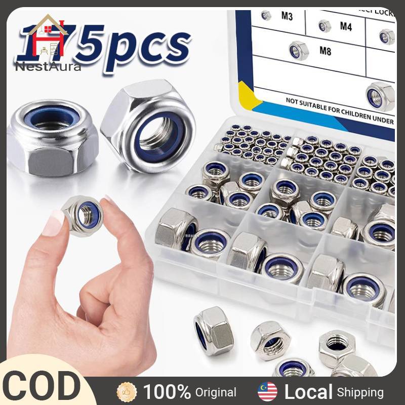 175Pcs Lock Nuts & Hex Nuts Assortment Kit M3 M4 M5 M6 M8 M10, Hex Nut ...