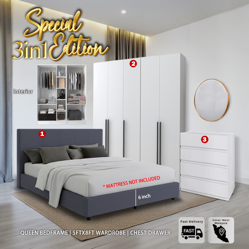 SKL Furniture 3IN1 5FT BEDROOM SET Queen Size Bed Frame + Chest Drawer ...