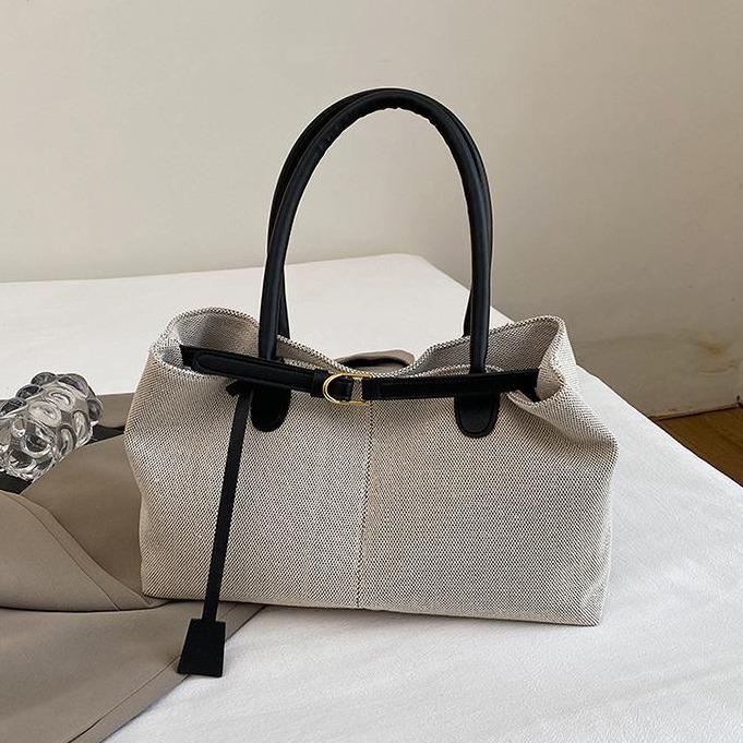 Coffee Brown Strap Decor Large Capacity Canvas Patchwork Tote Bag ...