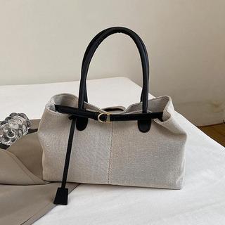 Coffee Brown Strap Decor Large Capacity Canvas Patchwork Tote Bag ...