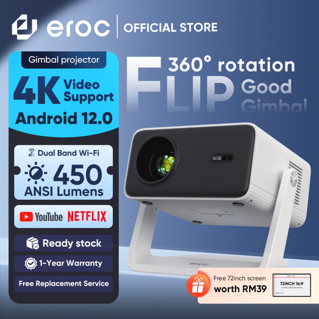 [1 Year Warranty]EROC FLIP Projector 4K FULL HD 1080P 450ANSI Auto ...