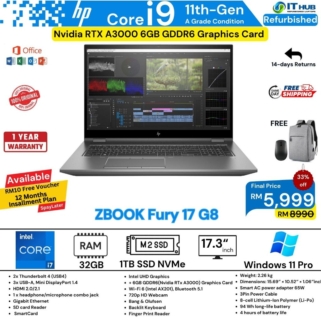 HP Zbook Firefly, Fury 14 / 17 G8 Core i9,i7 6GB GDDR6 Graphic Card 11thGen Laptop, FHD, Windows ...