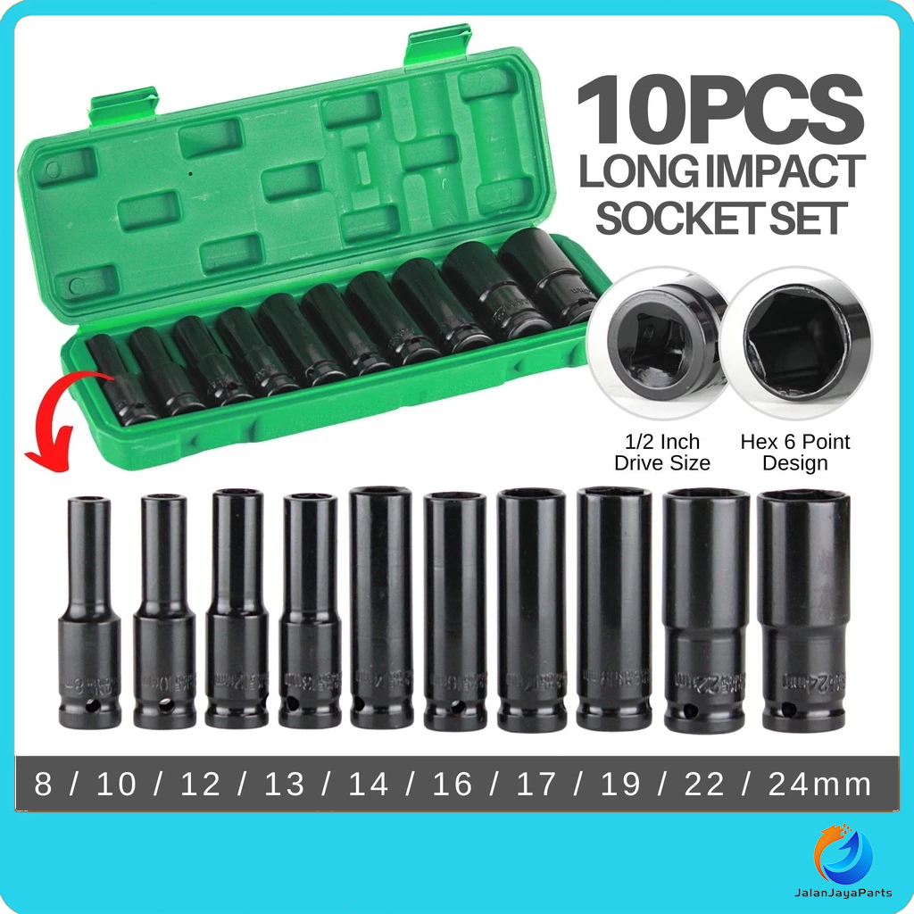 10-Piece 1/2" Long Impact Socket Set Heavy Duty Socket Heads Black Deep ...