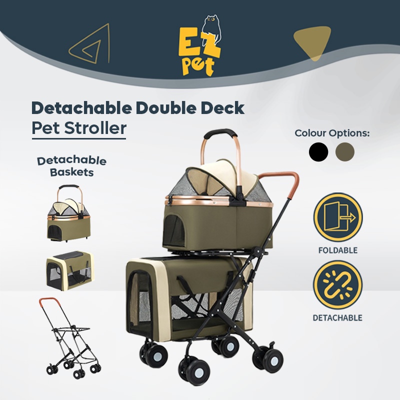 EZPET 🐱【Detachable Double Deck Pet Stroller】Foldable Pet Trolley Travel ...