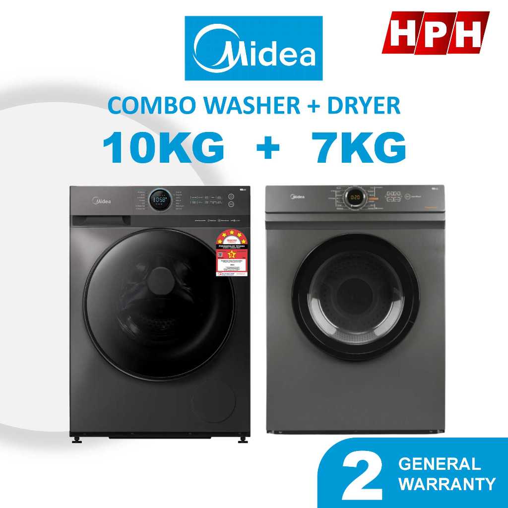 Midea Combo Front Load 10kg Washer + 7kg Dryer MF200W100WB + MD100A70 ...