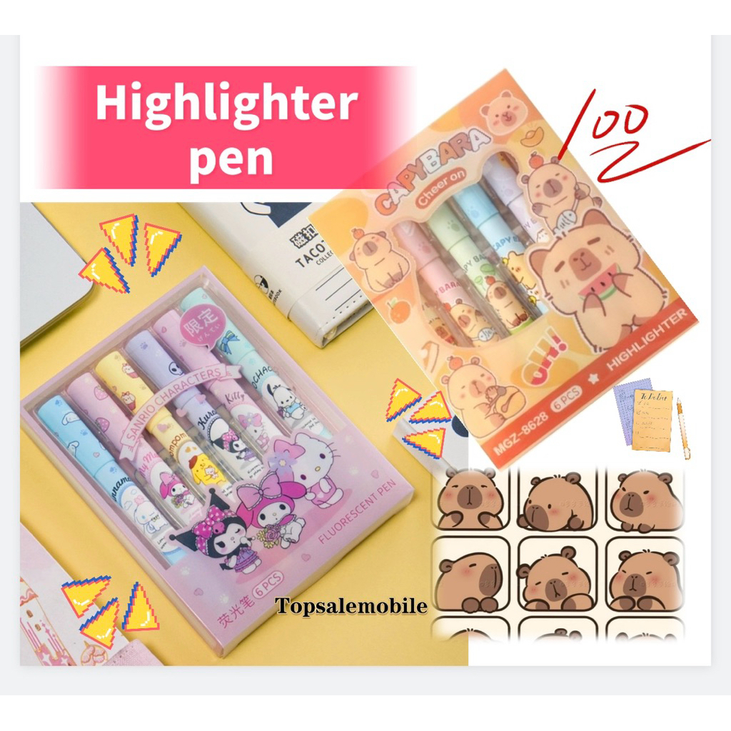 1pack 6 pcs Sanrio capybara Highlighters pen melody Kuromi Cinnamoroll ...