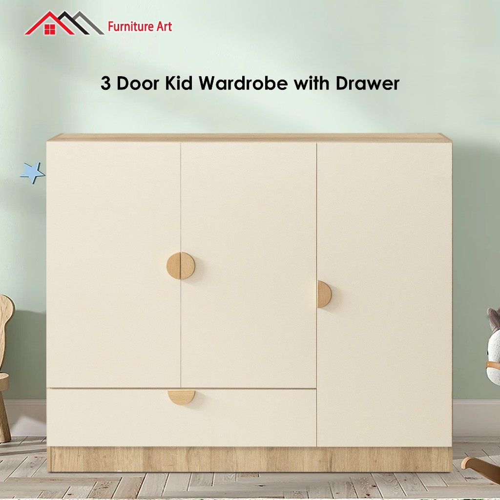 Furniture Art Design 3 Door Kid Wardrobe (Ivory/Euro Oak) / 2 Door Kids ...