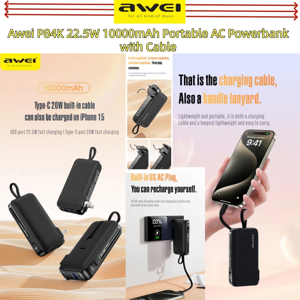 (No Cod) Awei P84K 22.5W 10000mAh Portable AC Plug Powerbank with Built ...