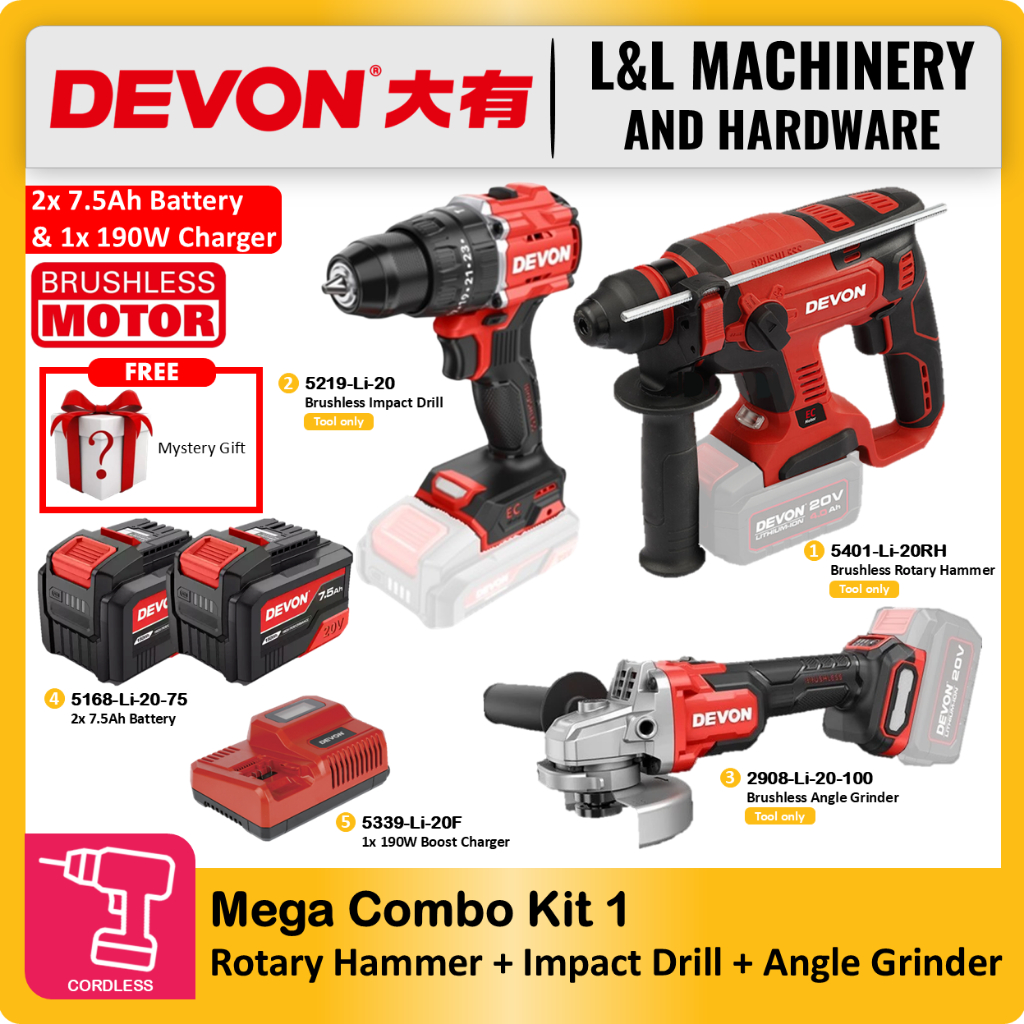 DEVON 20V Brushless Mega Combo Kit 1 - 5401 Rotary Hammer + 5219 Impact ...