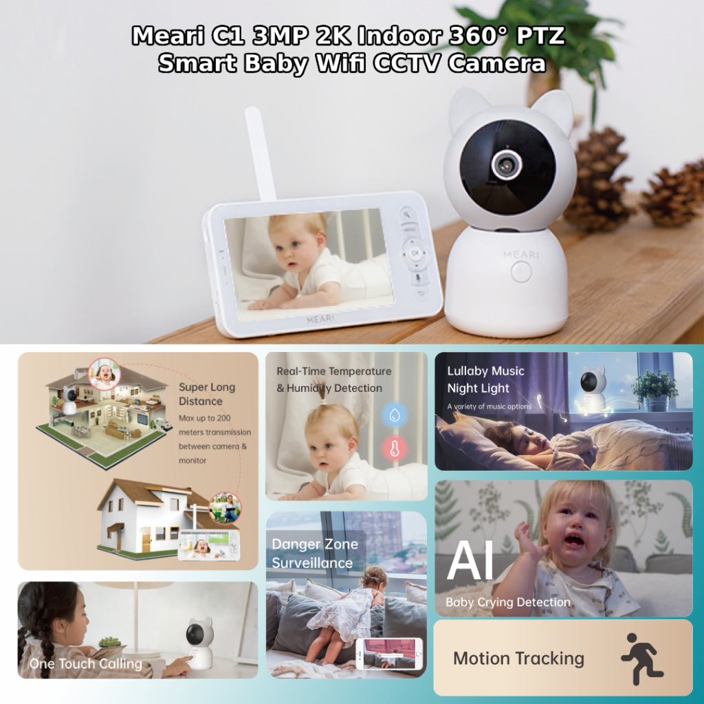 Meari C1 3MP 2K 360° PTZ Smart Baby CCTV Camera with Screen indoor home ...