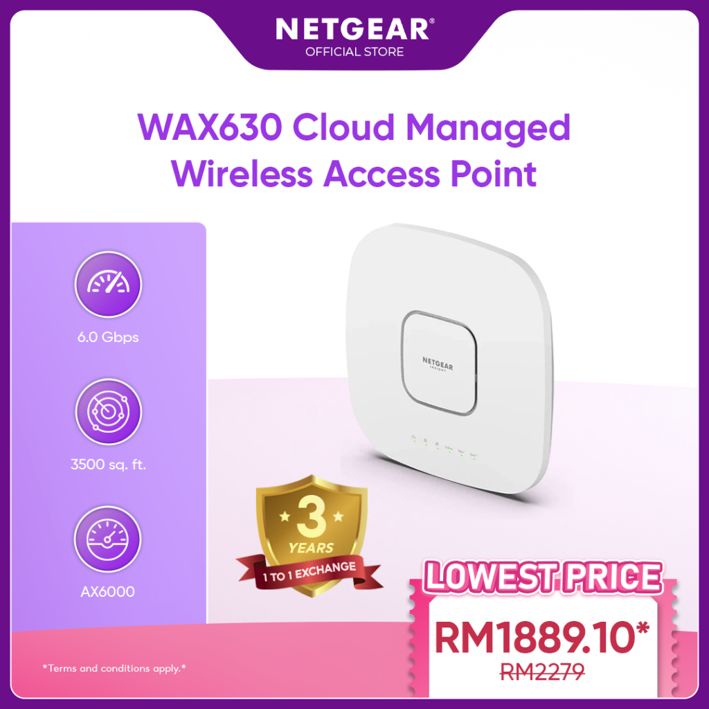 NETGEAR WAX630 Cloud Managed Wireless Access Point - WiFi 6 Tri-Band ...