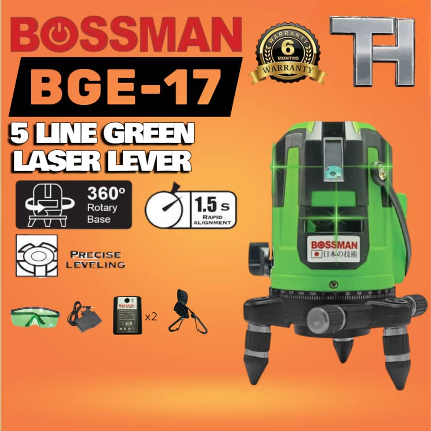 ~ BGE-17 BOSSMAN 1H4V 5Line GREEN LINE LASER LEVEL MACHINE WITH 2 ...