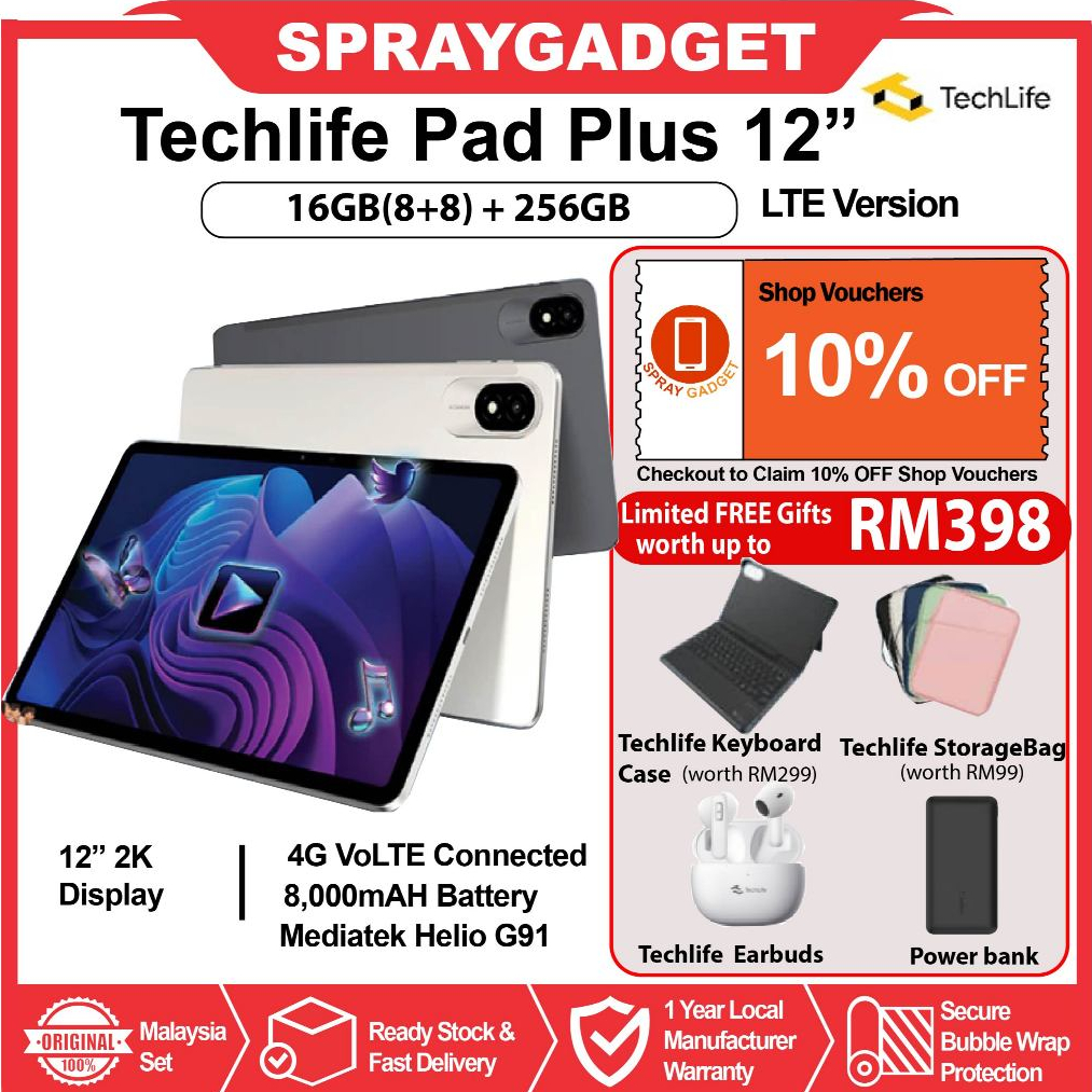 Techlife Pad Plus 12" LTE (16GB* RAM + 256GB ROM) 12" Large 2K Display ...