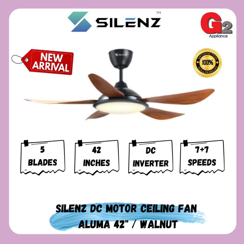 SILENZ ALUMA 42" DC Motor Ceiling Fan (Walnut) with LED Light & Remote ...