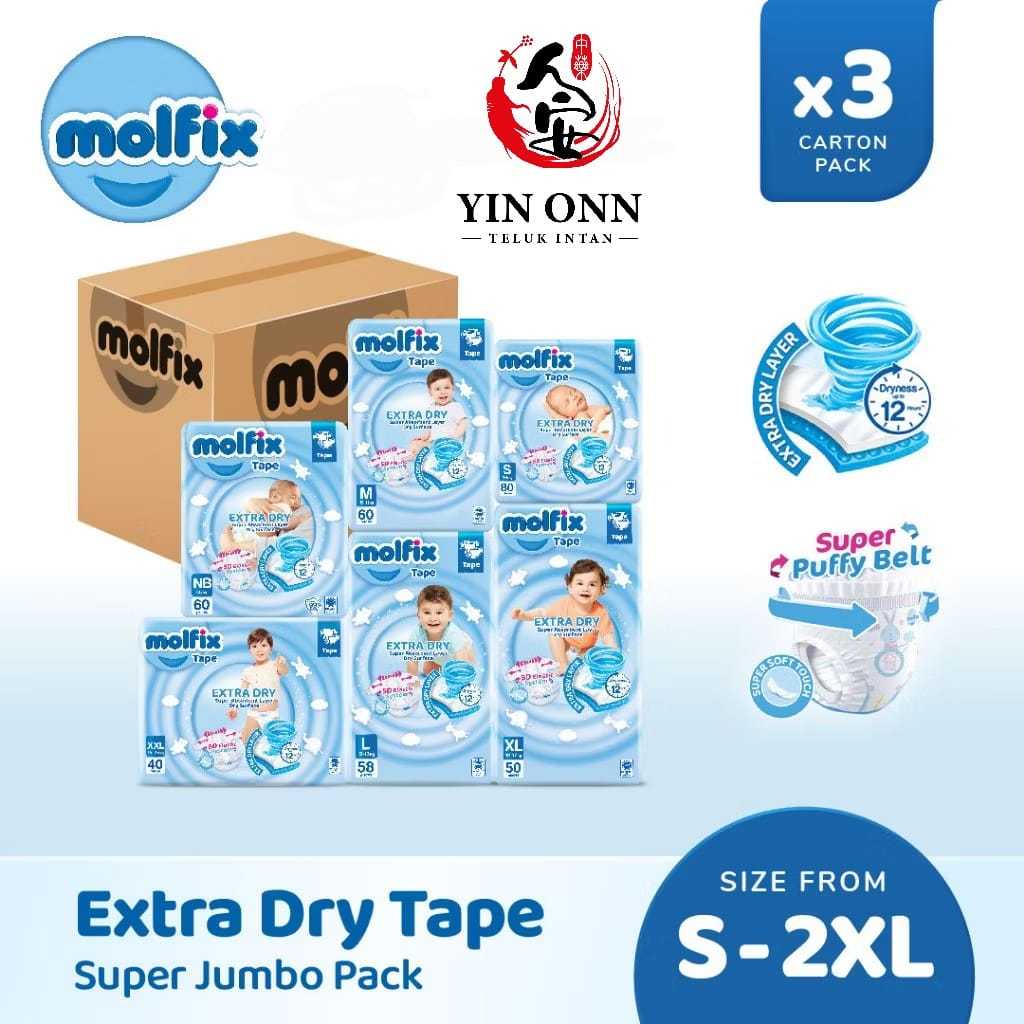 [Bundle of 3] Molfix Extra Dry Tape Super Jumbo Pack - S80 / M60 / L58 ...