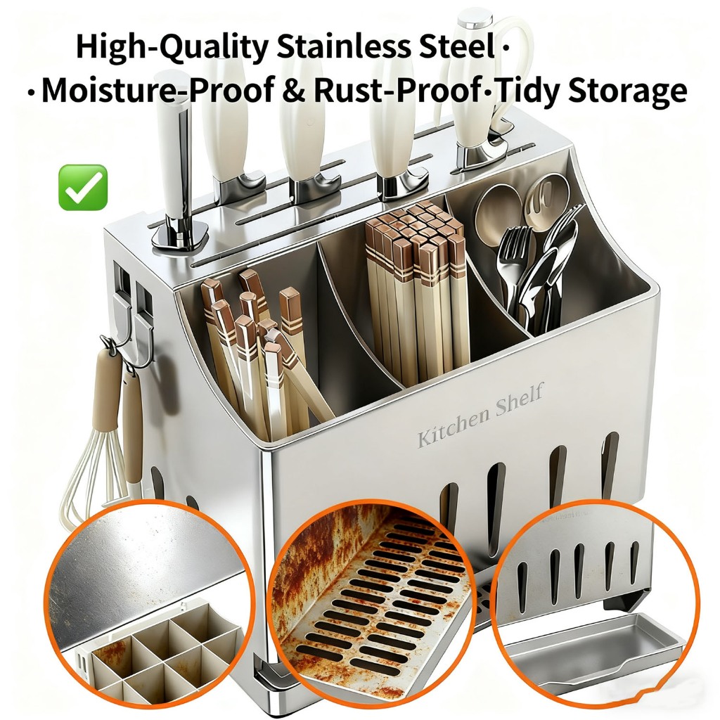 Stainless Steel Kitchen Organizer Multi Compartment Cutlery Holder with ...